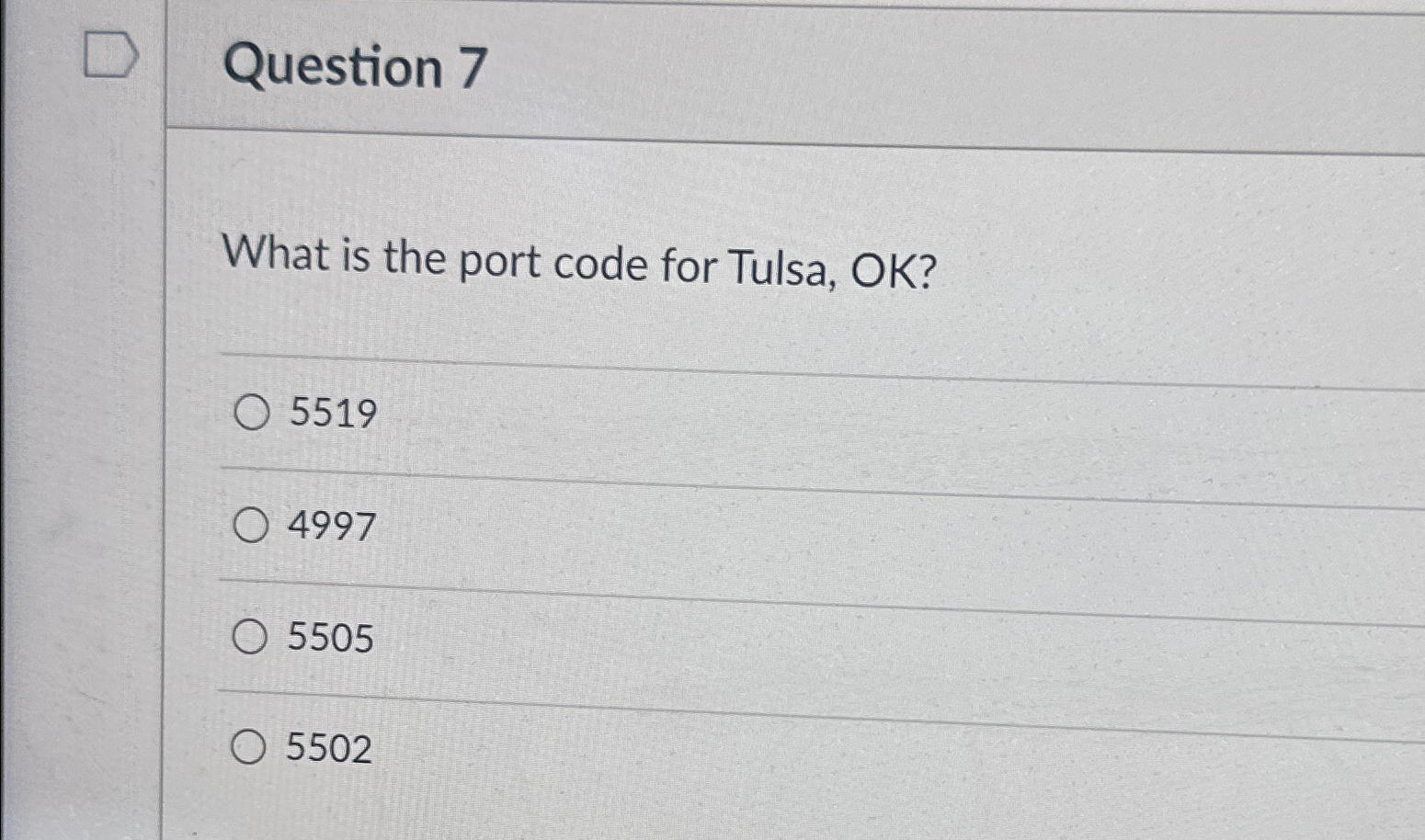 Solved Question 7What is the port code for Tulsa, | Chegg.com
