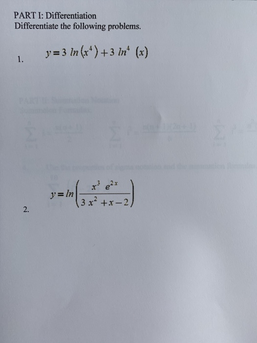 Solved PART I: Differentiation Differentiate the following | Chegg.com