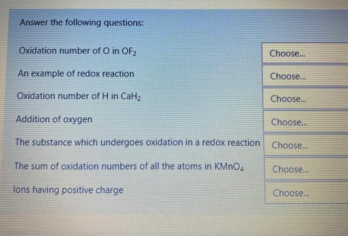 Solved Answer the following questions: Oxidation number of O | Chegg.com