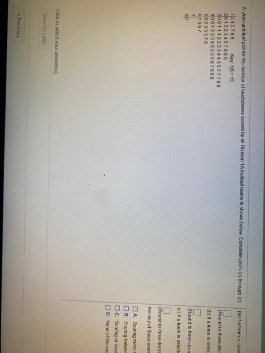 Solved A stem-and-leaf plot for the number of touchdowns | Chegg.com