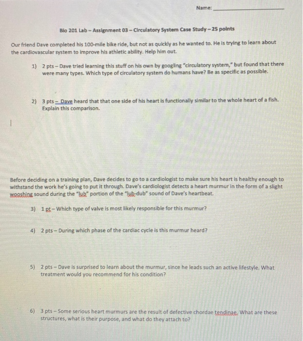 Solved Name: Bio 201 Lab - Assignment 03 - Circulatory | Chegg.com