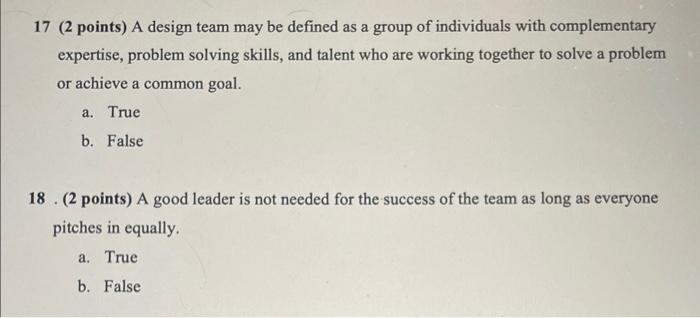 Solved 17 (2 points) A design team may be defined as a group | Chegg.com
