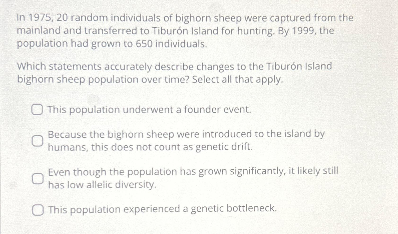 Solved In 1975, 20 ﻿random individuals of bighorn sheep were | Chegg.com