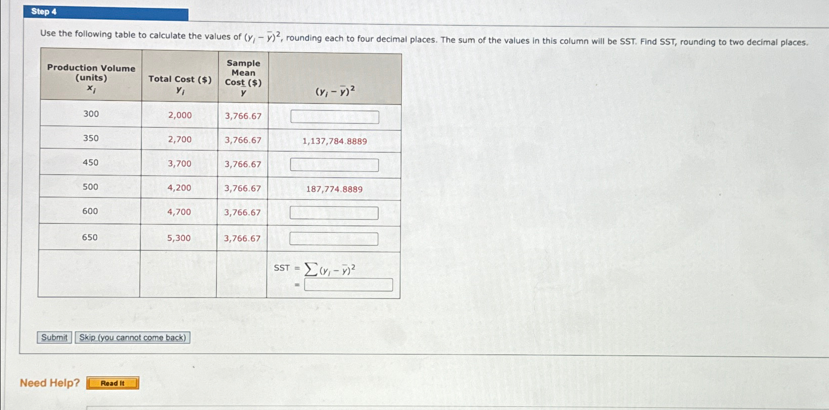 Solved Step 4Use the following table to calculate the values | Chegg.com