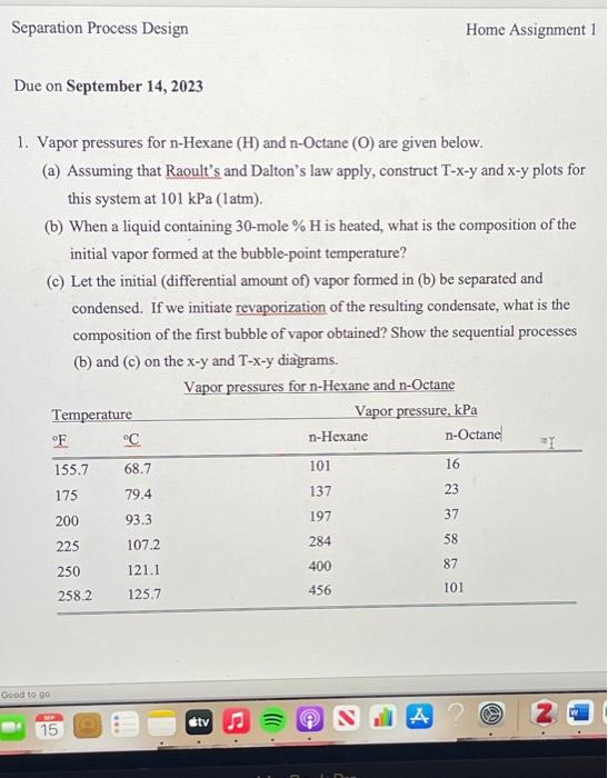 Solved Separation Process Design Home Assignment 1 Due on | Chegg.com