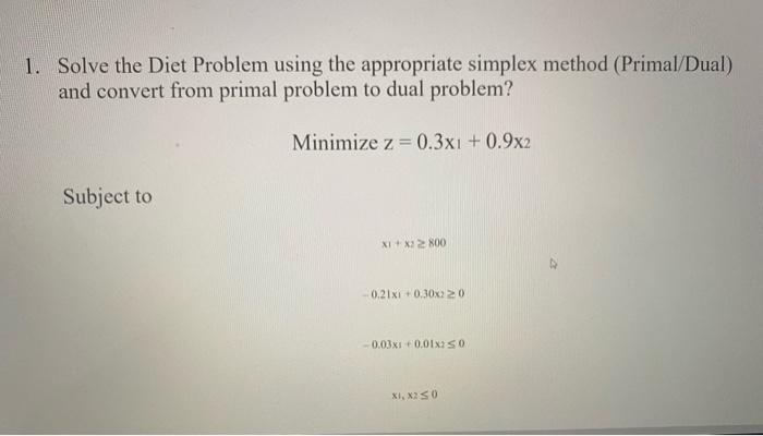 Solved 1. Solve the Diet Problem using the appropriate | Chegg.com