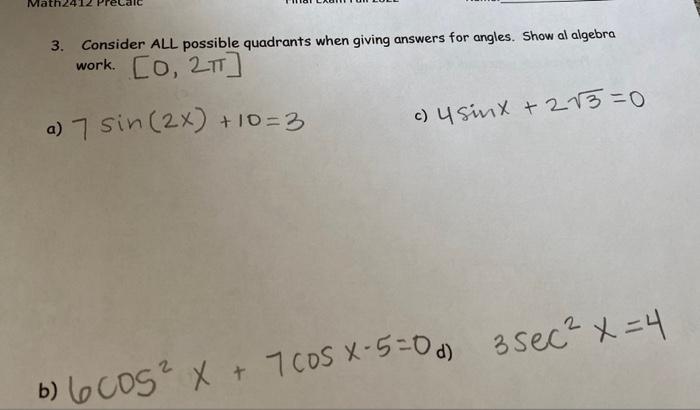 Solved solve trigonometric equations on the interval of | Chegg.com