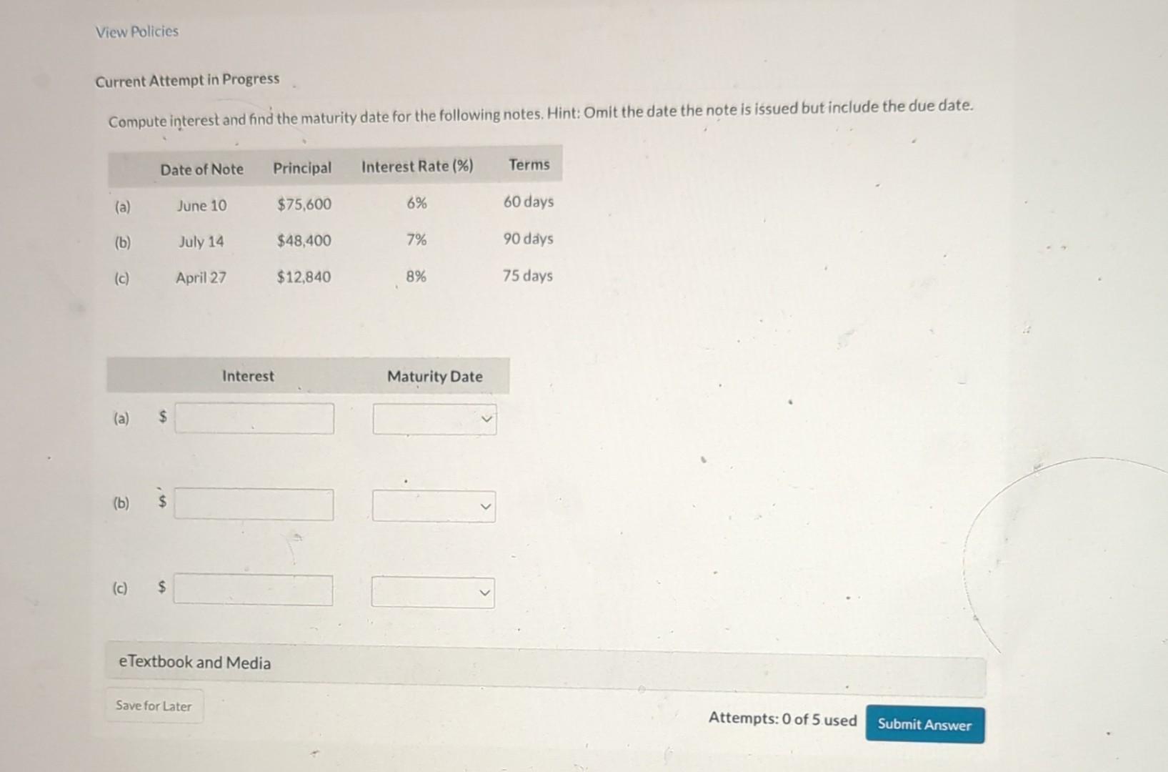 Solved Current Attempt in Progress Compute interest and find | Chegg.com