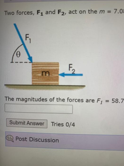 Solved Two forces, F1 and F2, act on the m = 7.08 kg block | Chegg.com Solved Two forces, F1 and F2, act on the m = 7.08 kg block | Chegg.com