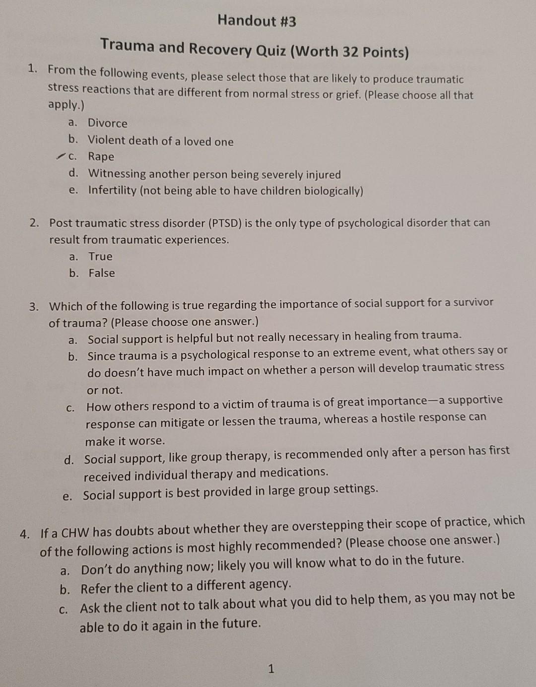 Solved Handout #3 Trauma and Recovery Quiz (Worth 32 Points) | Chegg.com