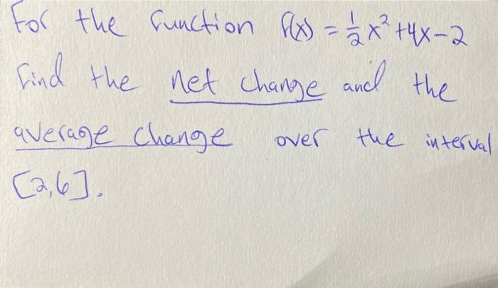 Solved For the function f(x)=21x2+4x−2 find the net change | Chegg.com