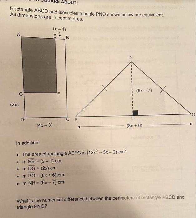 Solved ABOUT! Rectangle ABCD and isosceles triangle PNO | Chegg.com