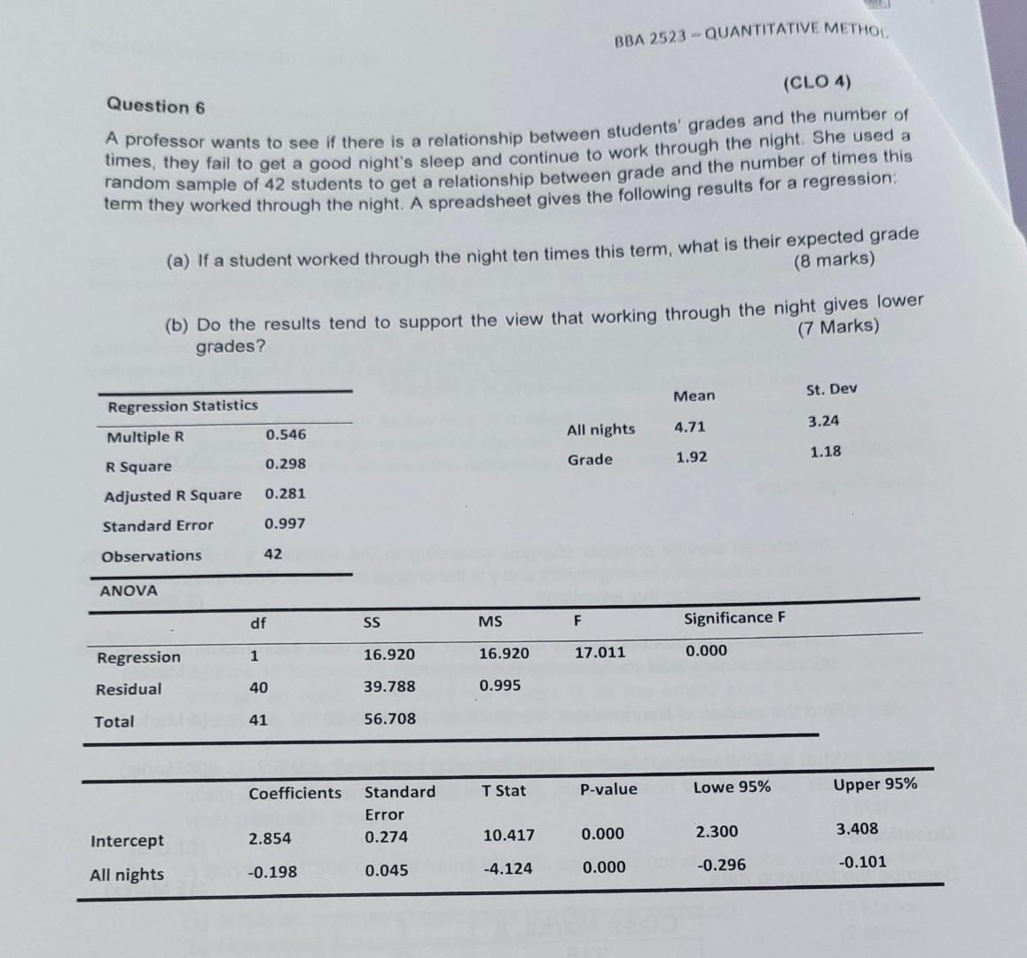 Solved Question 6 A professor wants to see if there is a | Chegg.com