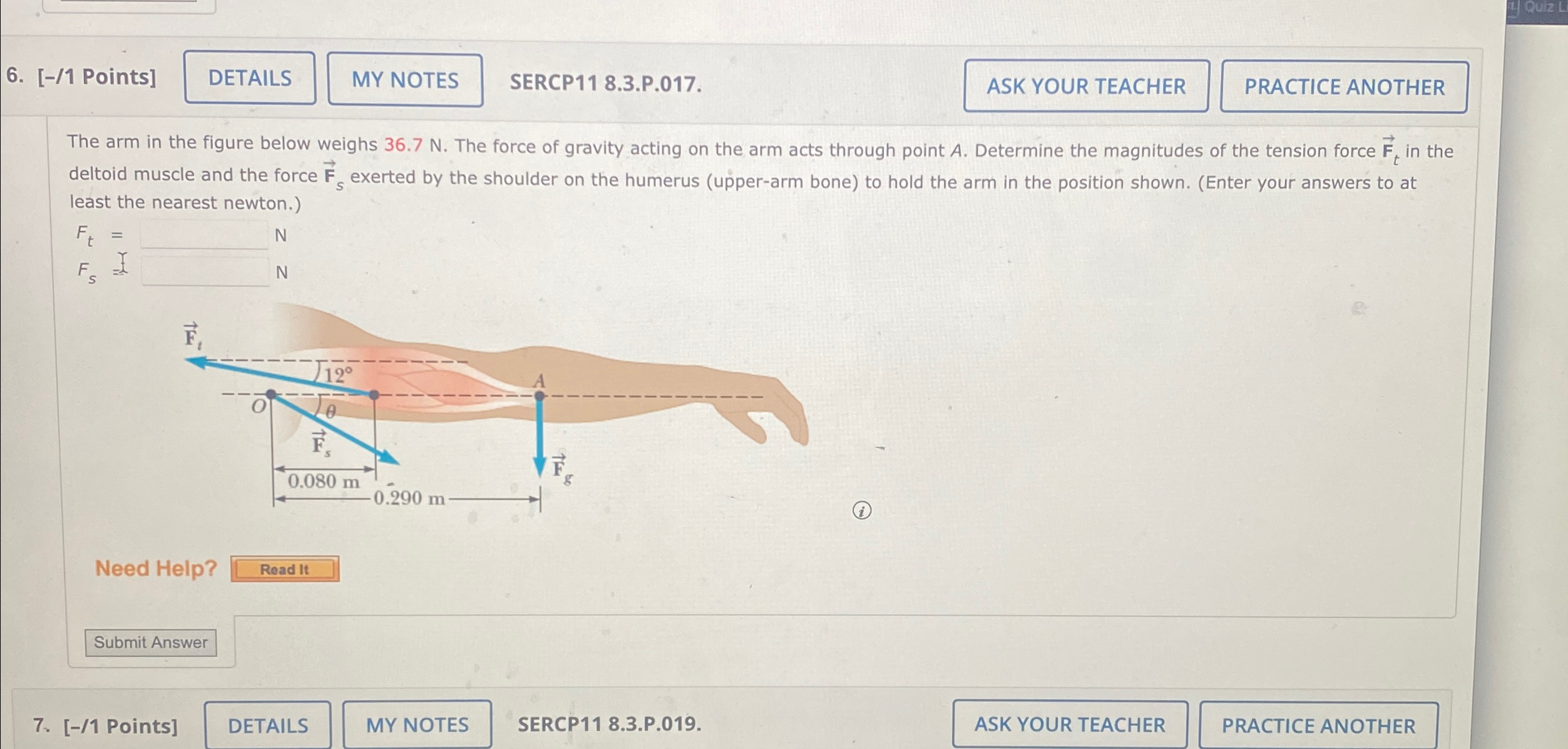 Solved [-/1 ﻿Points]SERCP11 8.3.P.017.The arm in the figure | Chegg.com