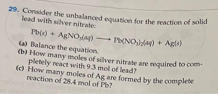 Solved 29. Consider the unbalanced equation for the reaction | Chegg.com