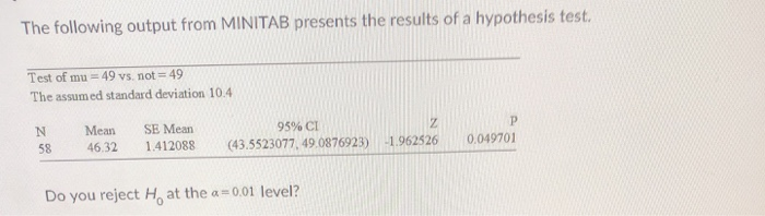 Solved The following output from MINITAB presents the | Chegg.com
