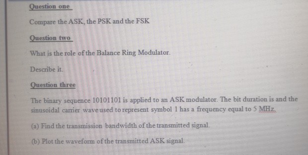Solved Question one Compare the ASK, the PSK and the FSK | Chegg.com