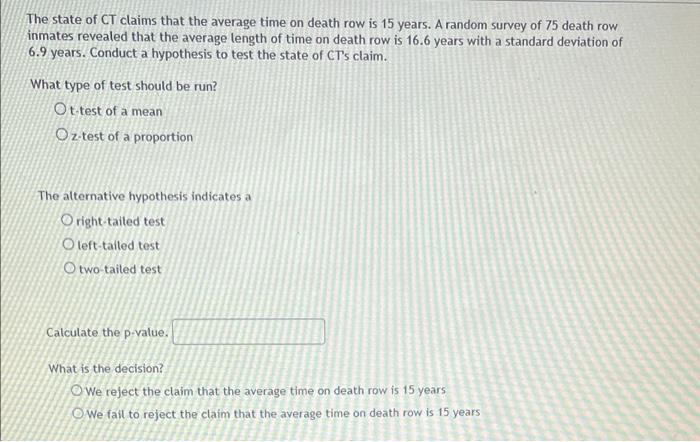 Solved The state of CT claims that the average time on death | Chegg.com