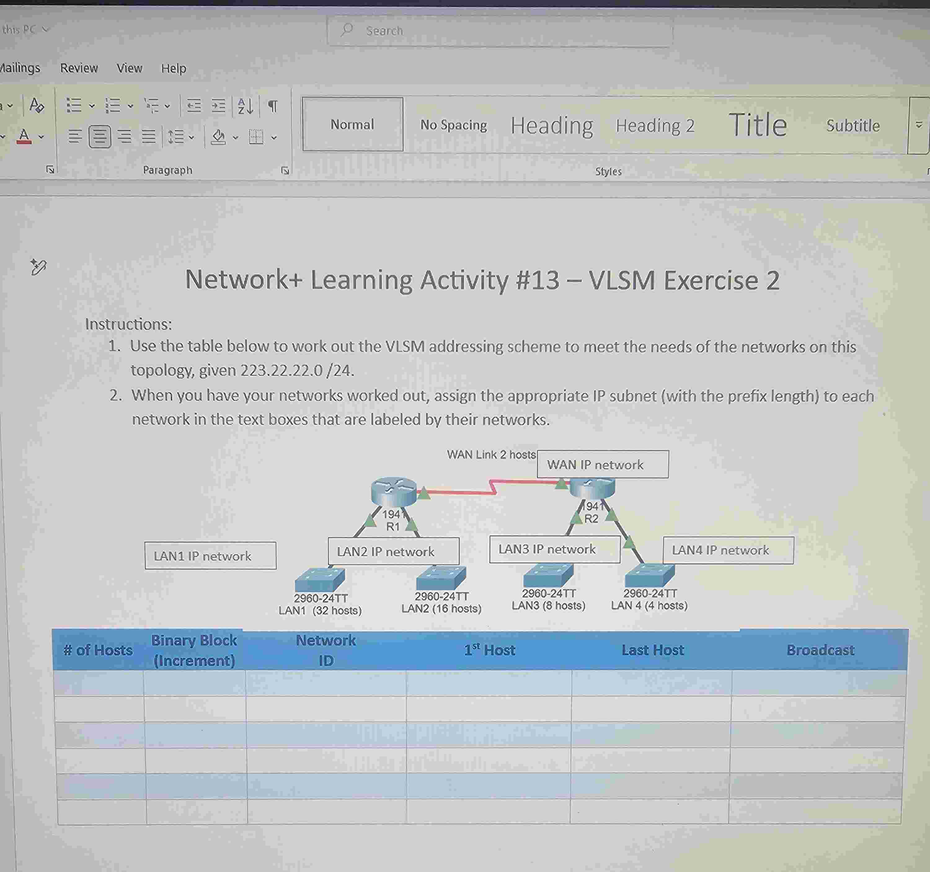 Solved Network+ ﻿Learning Activity \#13- ﻿VLSM Exercise 2 | Chegg.com