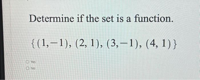 Solved Determine if the set is a function. {(1,-1), (2, 1), | Chegg.com