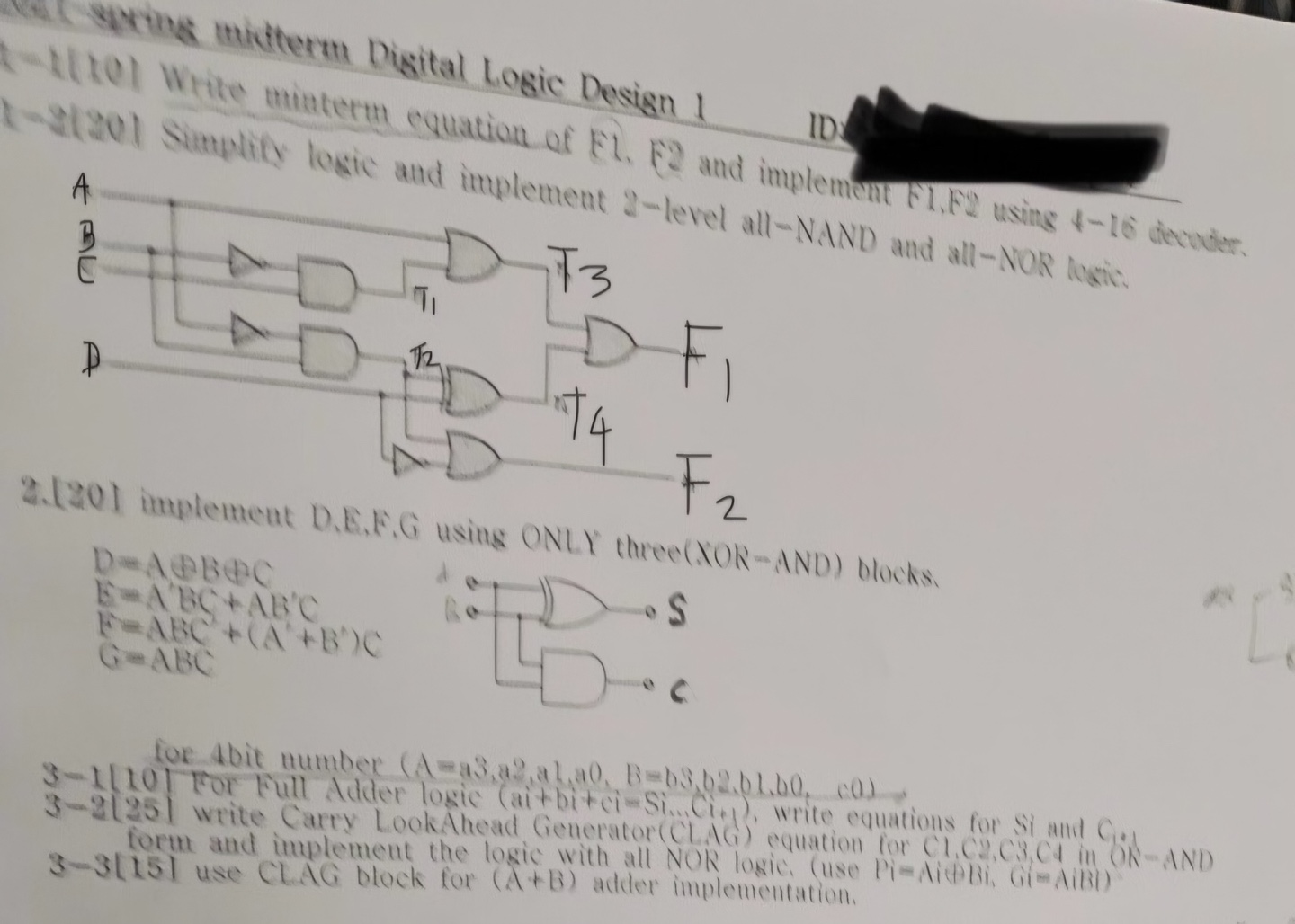Solved singing mitterm Disital Logic Design 1A-N ﻿IND and | Chegg.com