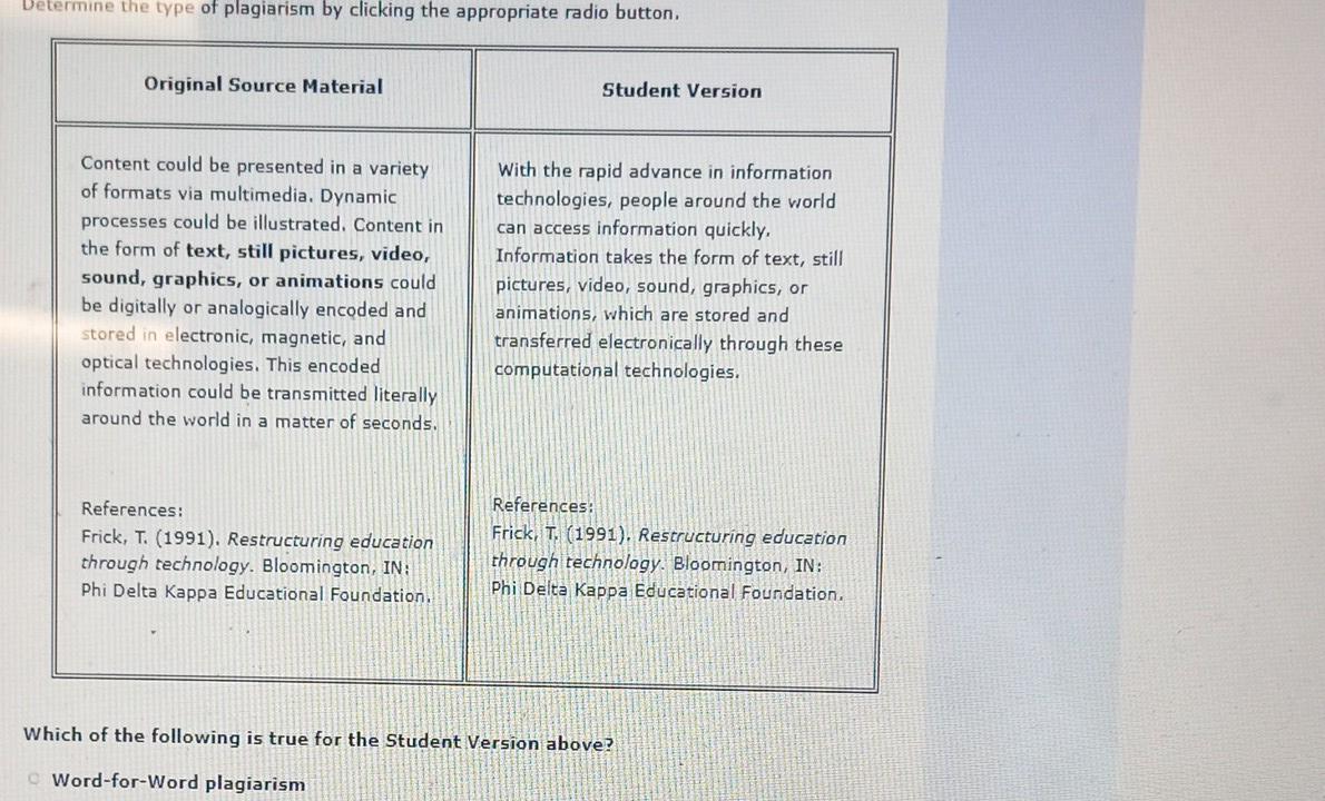 Determine the type of plagiarism by clicking the | Chegg.com