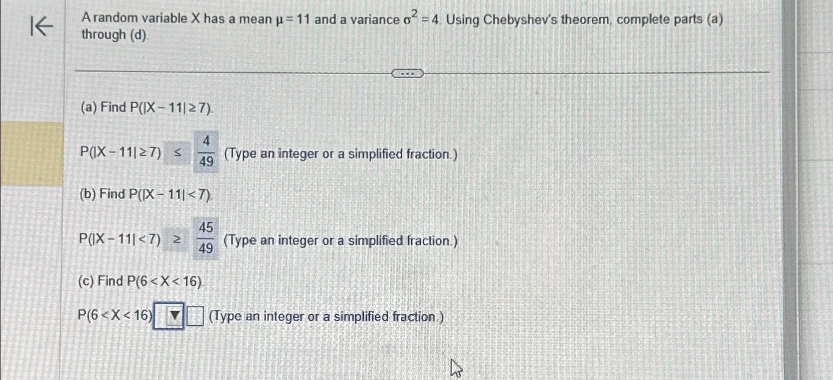 Solved A random variable x ﻿has a mean μ=11 ﻿and a variance | Chegg.com