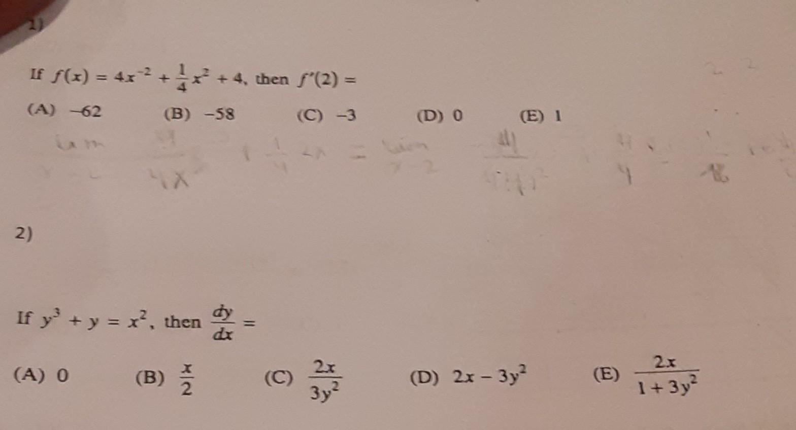 Solved If f(x)=4x−2+41x2+4, then f′(2)= (A) −62 (B) −58 (C) | Chegg.com