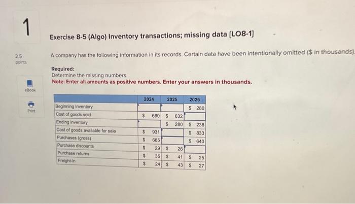 Solved Exercise 8-5 (Algo) Inventory transactions; missing | Chegg.com