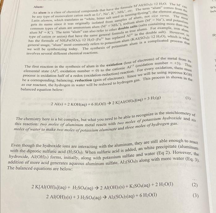 Solved SYNTHESIS OF ALUM LEARNING OBJECTIVES: Synthesize a | Chegg.com