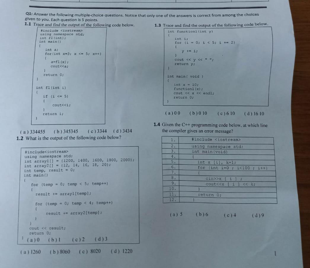 Solved Q1: Answer the following multiple-choice questions. | Chegg.com