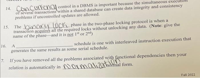 Solved 14. Gon Currenay control in a DBMS is important | Chegg.com