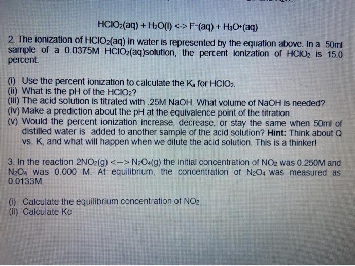 Solved HCIO3(aq) + H2O(l) F-(aq) + H3O+(aq) 2. The | Chegg.com