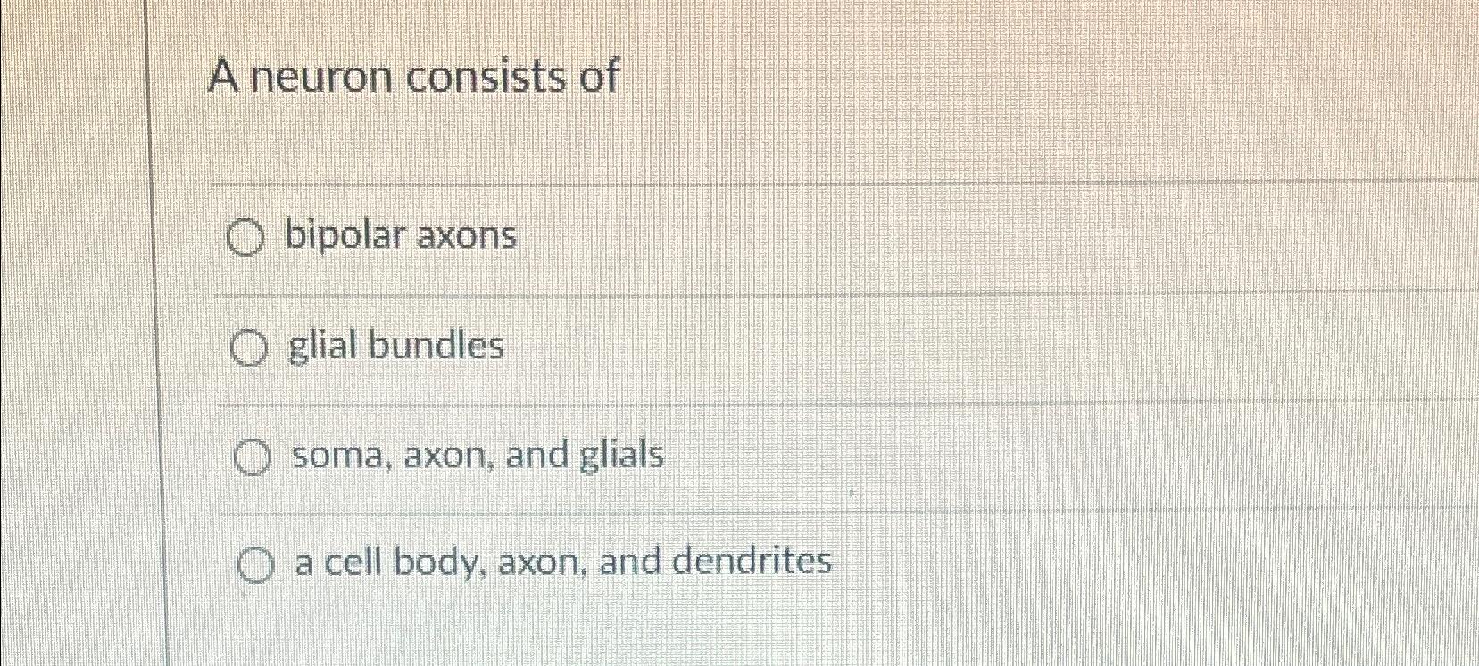 Solved A neuron consists ofbipolar axonsglial bundlessoma, | Chegg.com