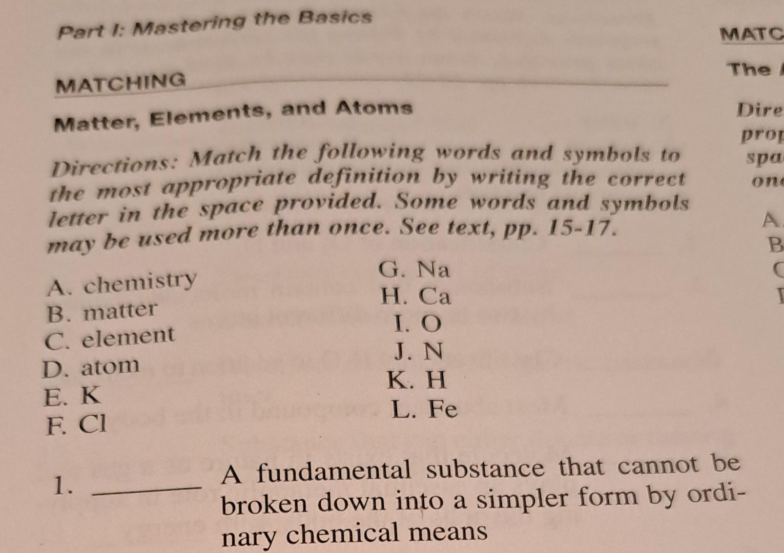 Solved MATCMING Matter, Elements, and Atoms Directions: | Chegg.com