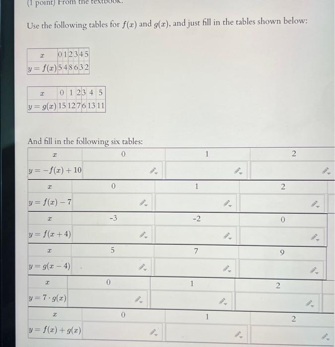 Solved Use the following tables for f(x) and g(x), and just | Chegg.com