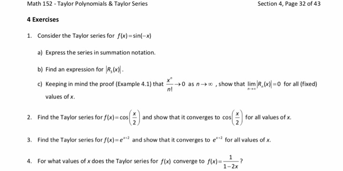 Solved Math 152 - Taylor Polynomials & Taylor Series Section | Chegg.com
