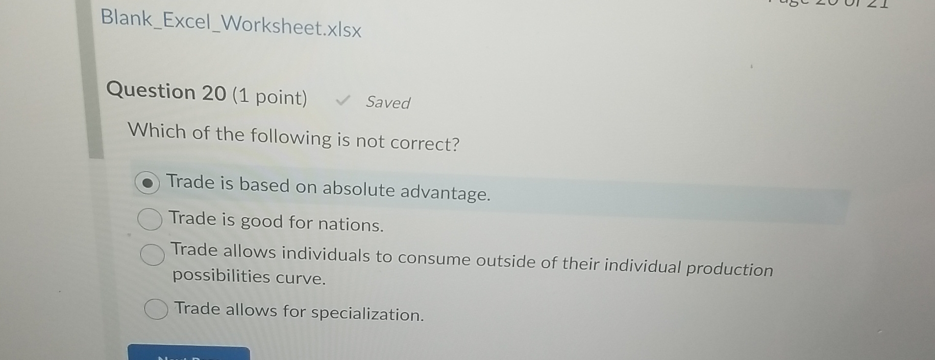 Solved Blank_Excel_Worksheet.xlsxQuestion 20 (1 ﻿point) | Chegg.com