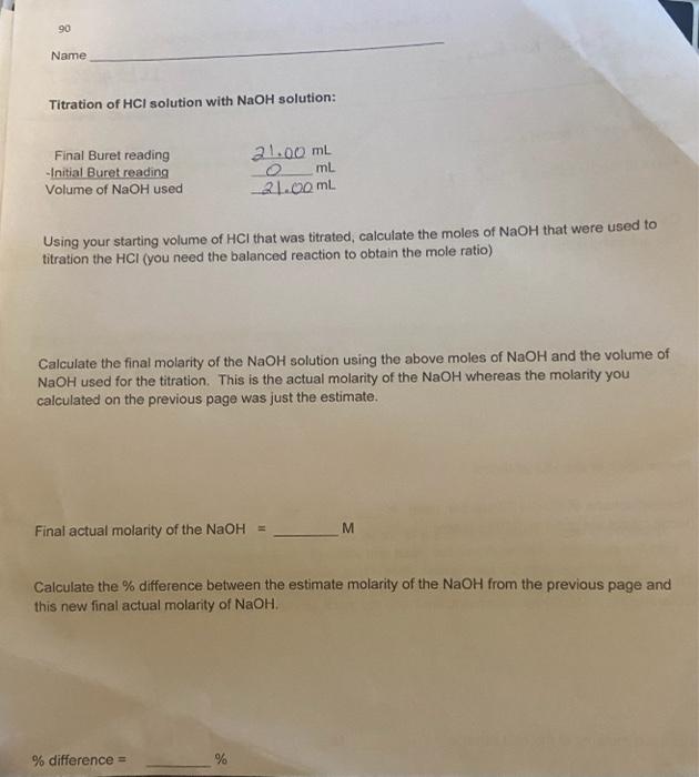 Solved Preparation of the HCI solution: Pipetted volume of | Chegg.com