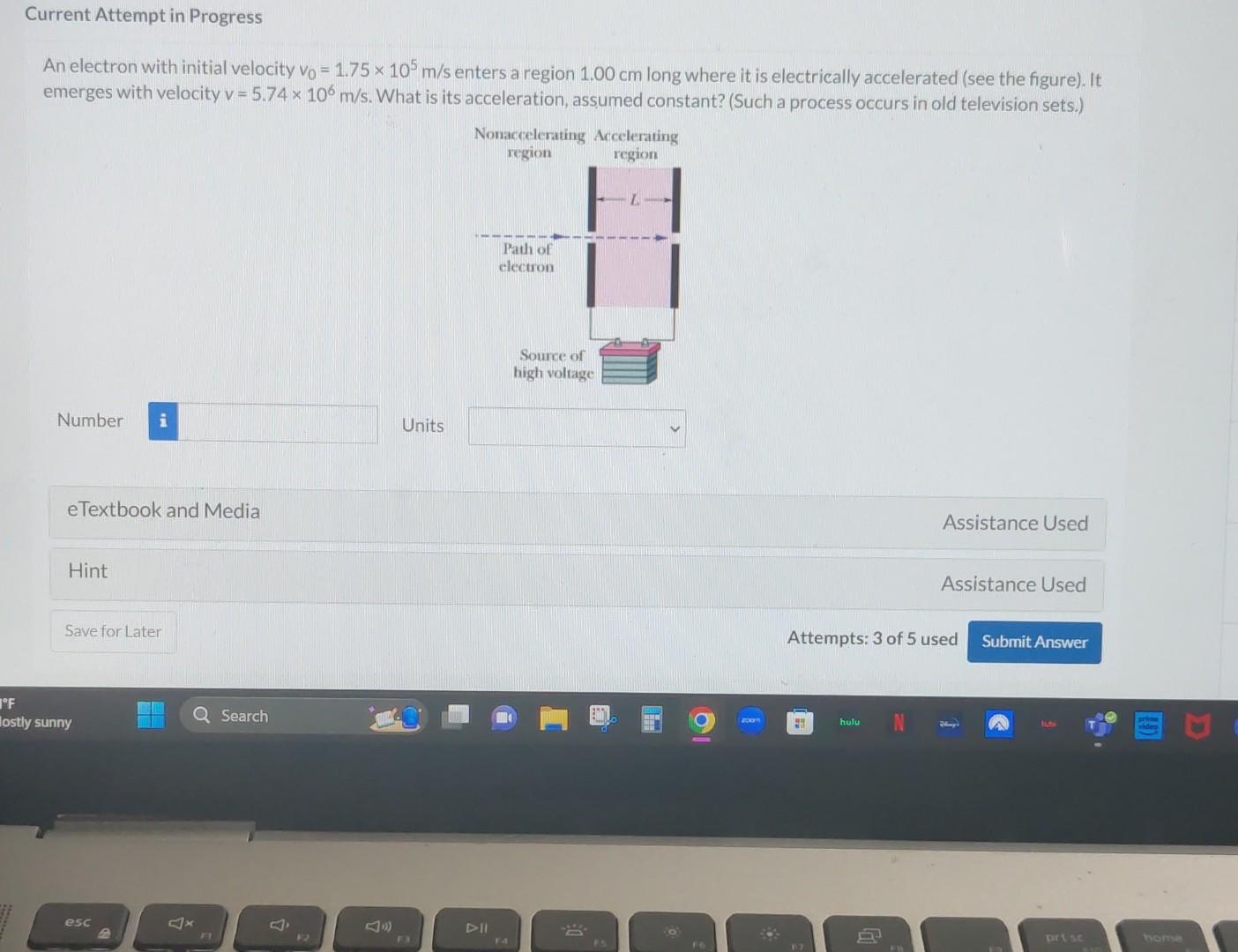 Solved An electron with initial velocity v0=1.75×105 m/s | Chegg.com