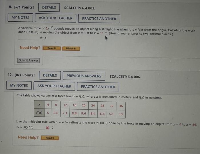 Solved A variable force of 6x−2 pounds moves an object along | Chegg.com