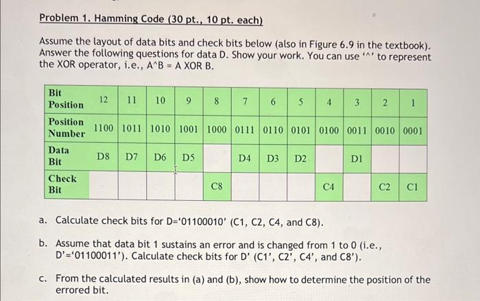 Solved Problem 1. Hamming Code (30 pt., 10 pt. each) Assume | Chegg.com