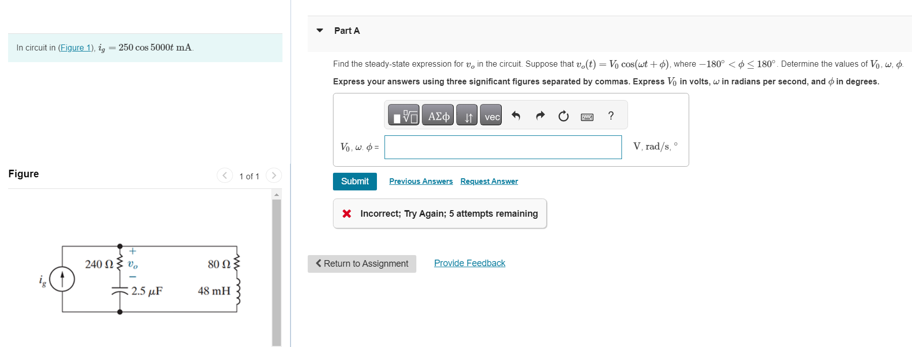 Solved In circuit in (Figure 1), ig=250cos5000tmA.Figure1 | Chegg.com