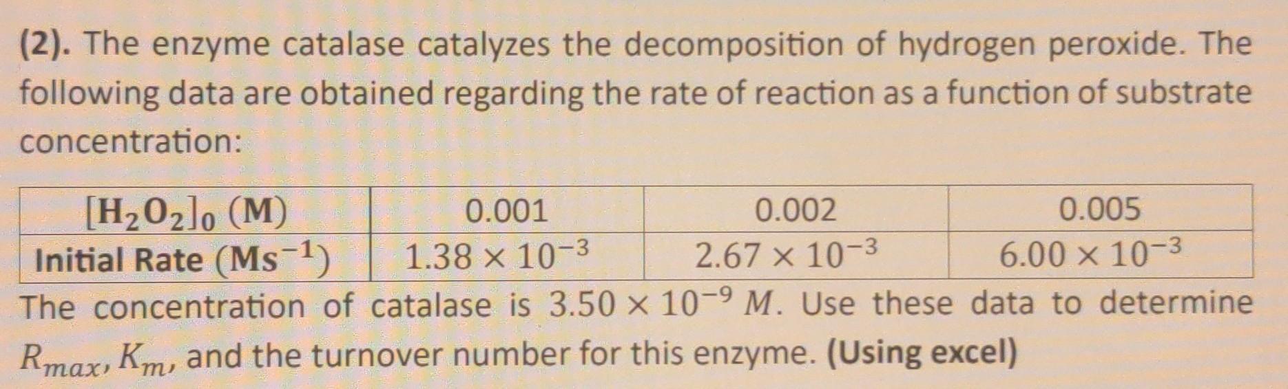 Solved (2). The enzyme catalase catalyzes the decomposition | Chegg.com