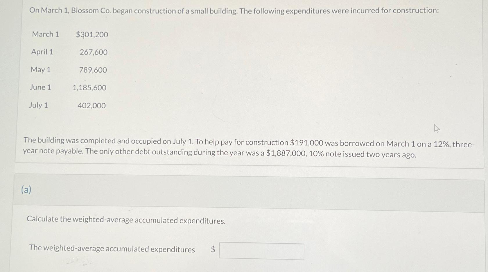 Solved On March 1, ﻿Blossom Co. ﻿began construction of a | Chegg.com