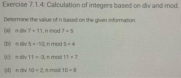 Solved Exercise 7.1.4: Calculation of integers based on div | Chegg.com