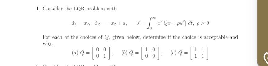 Solved 1. Consider the LQR problem with | Chegg.com