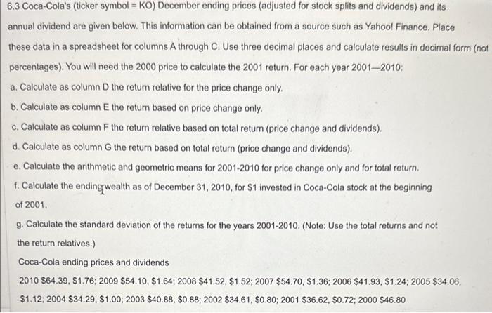 Solved 6.3 Coca-Cola's (ticker symbol = KO) December ending | Chegg.com