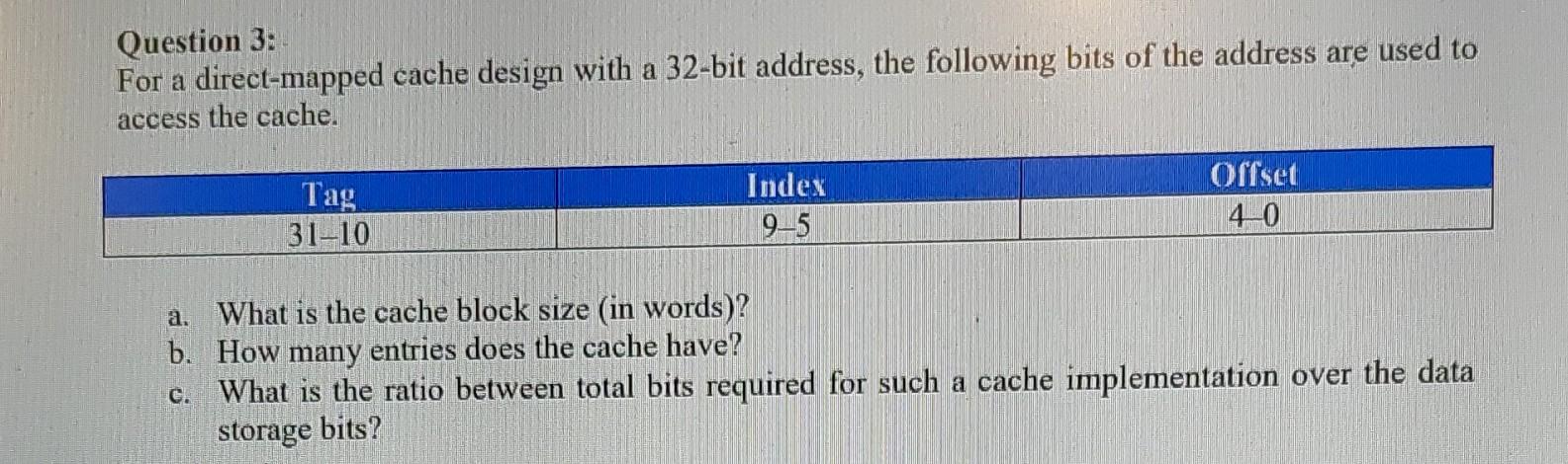 Solved Question 3: For a direct-mapped cache design with a | Chegg.com