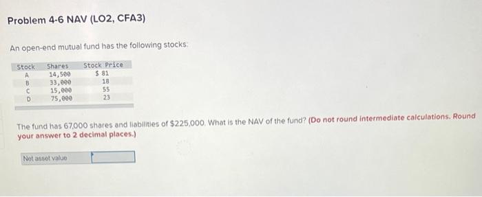 Solved Problem 4.6 NAV (LO2, CFA3) An open-end mutual fund | Chegg.com